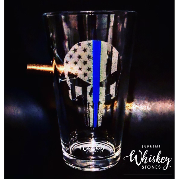 Supreme Whiskey Stones - Thin Blue Line Punisher Pint Glass with bullet ...